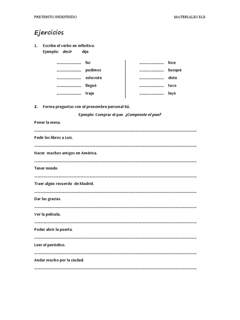 Ejercicios de Pretérito Indefinido ELE | PDF | Estudios de idiomas ...