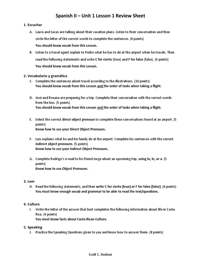 Span II - Unit 1 Lesson 1 Review Sheet | PDF