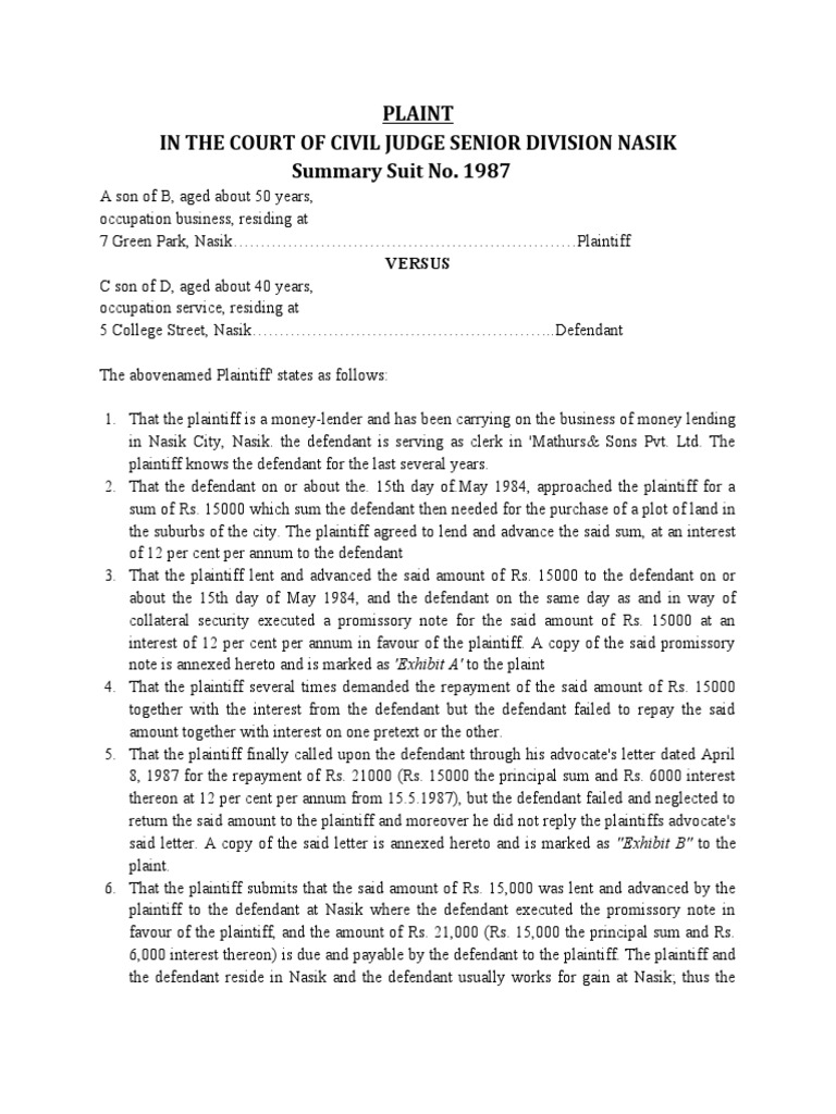 Civil Suit or Plaint | PDF | Lawsuit | Interest