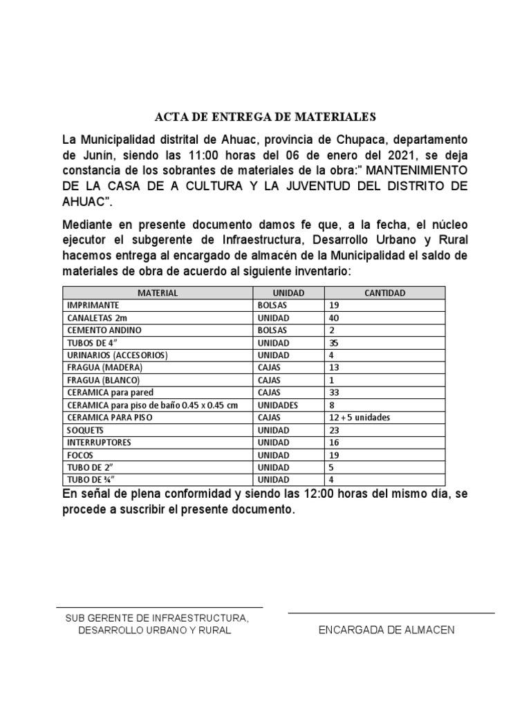 Acta de Entrega de Materiales | PDF