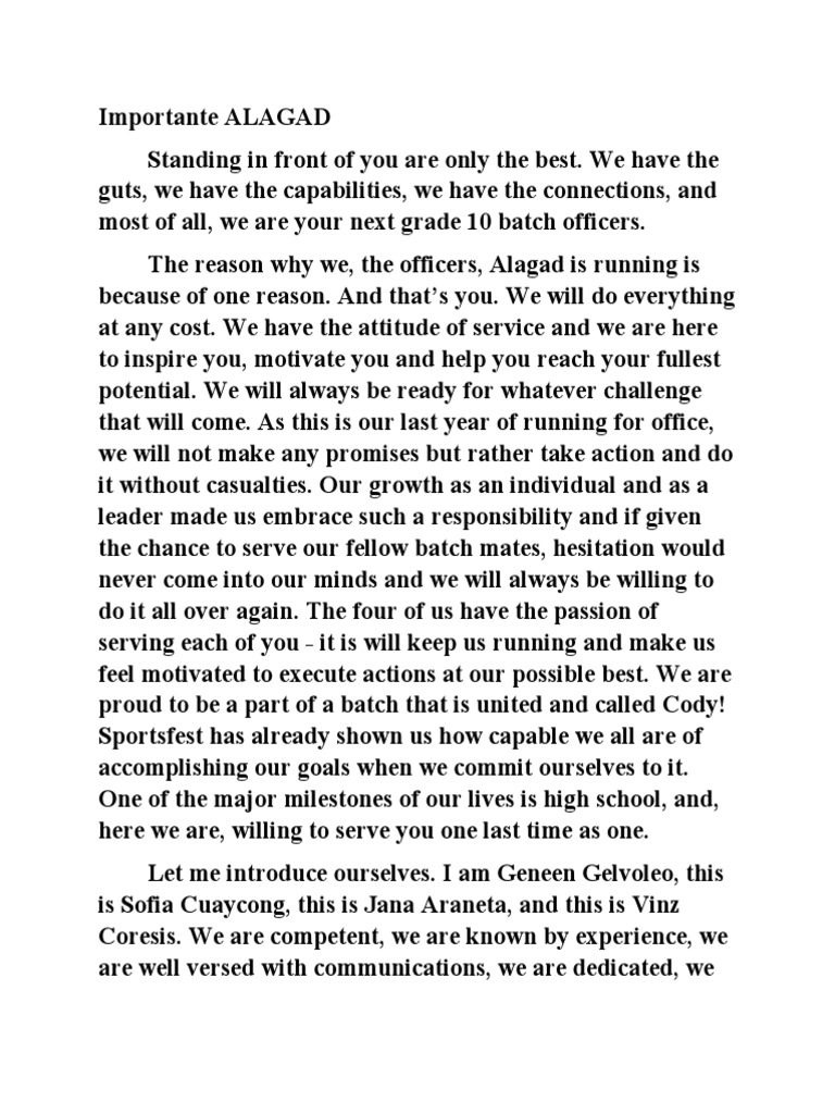 Grade 10 Leadership Campaign Speech | PDF