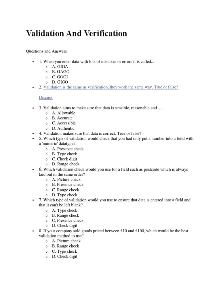 Validation and Verification Questions | PDF | Career & Growth