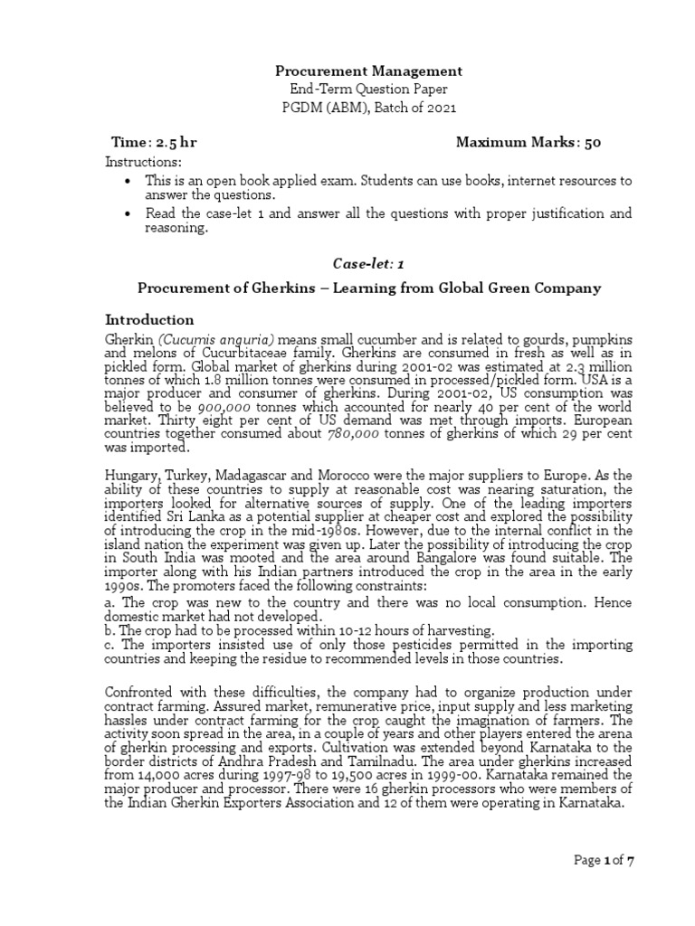 Procurement Management End Term Exam Paper | PDF | Farmer | Agriculture