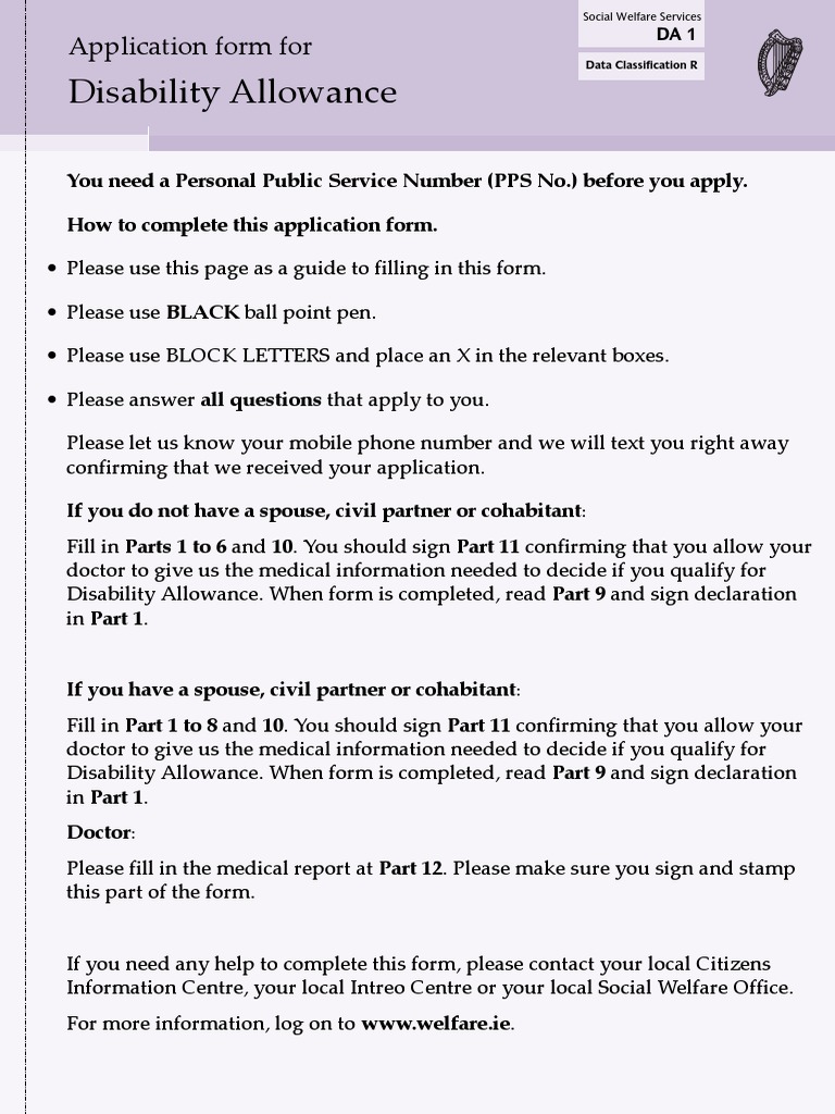 Disability Allowance: Application Form For | PDF | Paycheck | Social ...