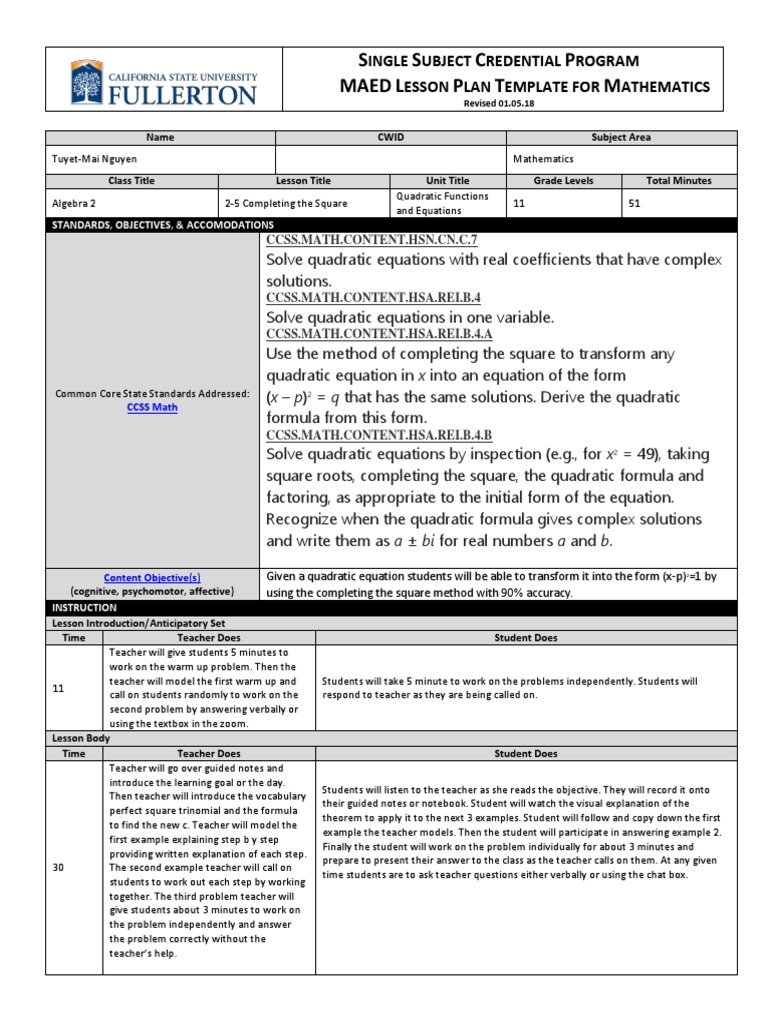 Lessonplan Completing The Square | PDF | Quadratic Equation | Equations