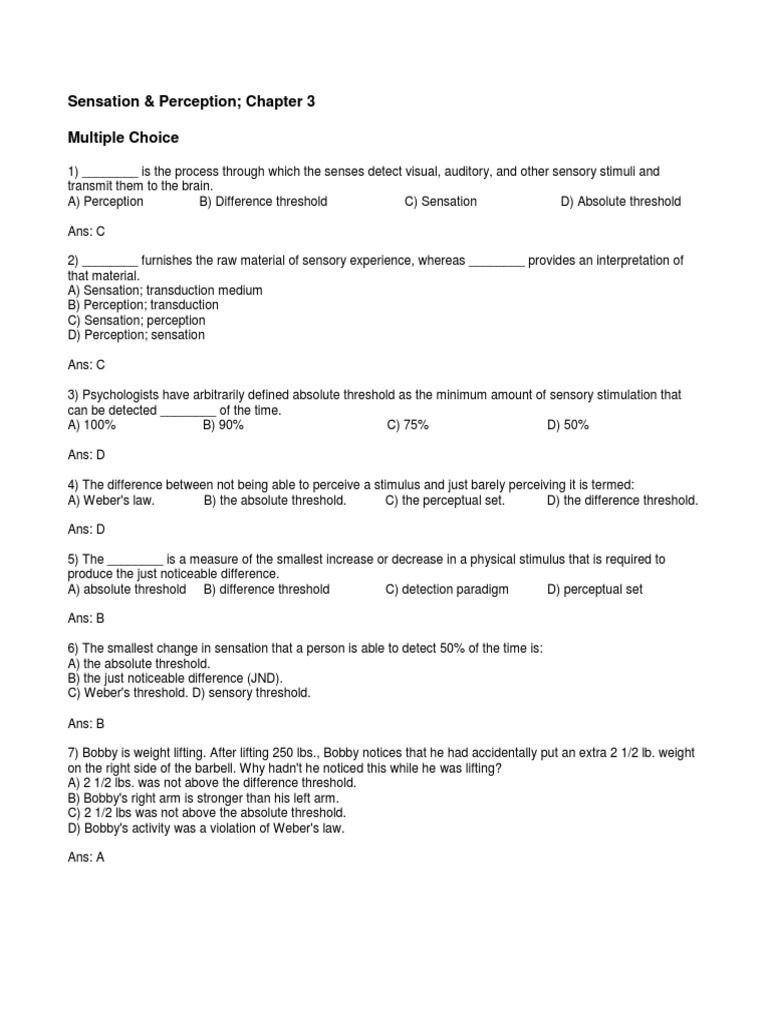 Sensation Multiple-Choice Practicewith Answers | PDF | Perception | Senses