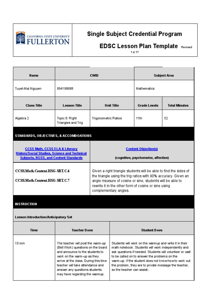 Lesson Plan | PDF | Trigonometric Functions | Trigonometry