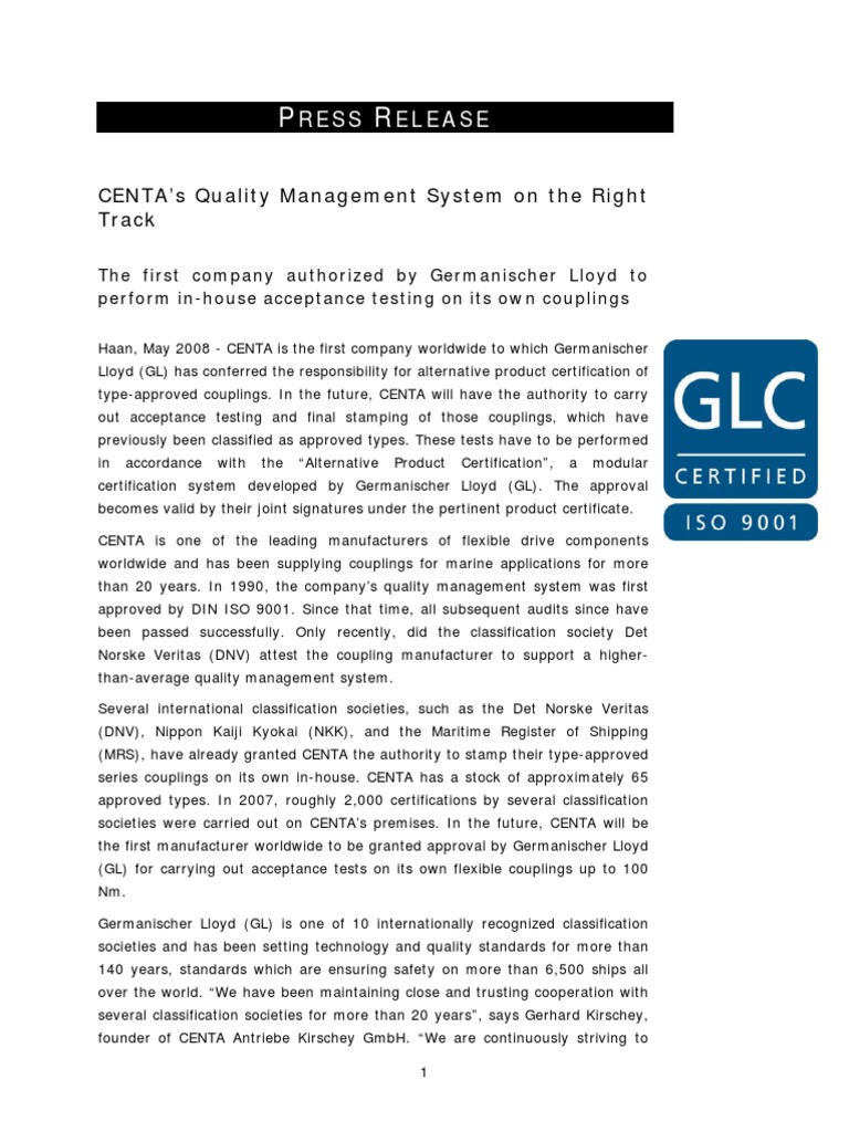 CENTA's Quality Management System On The Right Track: Ress Elease | PDF ...