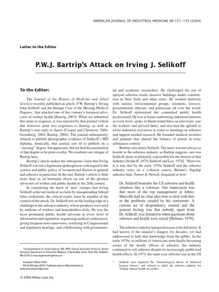 2004 P.W.J. Bartrip's Attack On Irving J. Selikoff | PDF | Asbestos ...