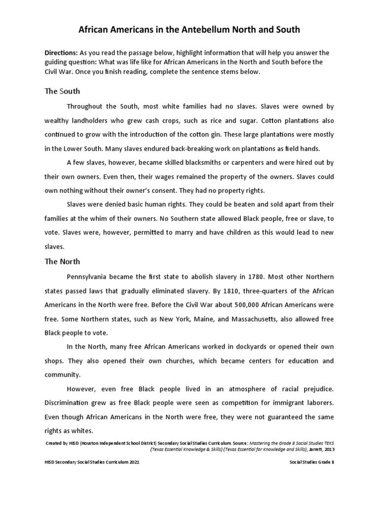 SS8 African Americans in North and South Reading Unit 8 | PDF | Slavery ...