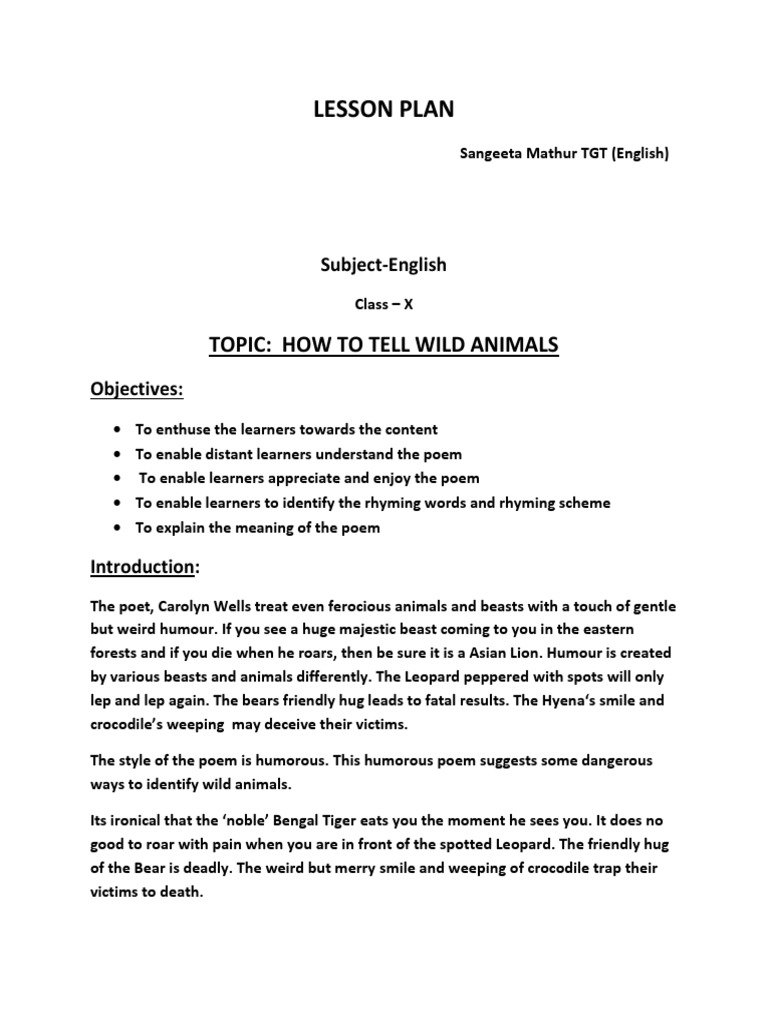 Lesson Plan HOW TO TELL WILD ANIMALS | PDF | Tiger | Poetry