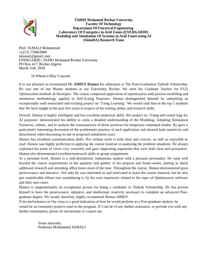 Recommendation for Hamza AIMEN's Scholarship | PDF | Simulation ...