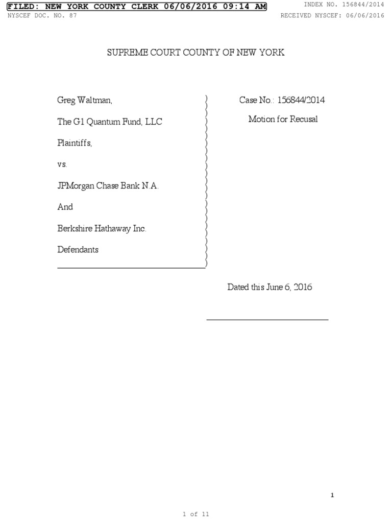 SAMPLE, Motion Papers Per Court Notice - Recusal | PDF | Judicial ...