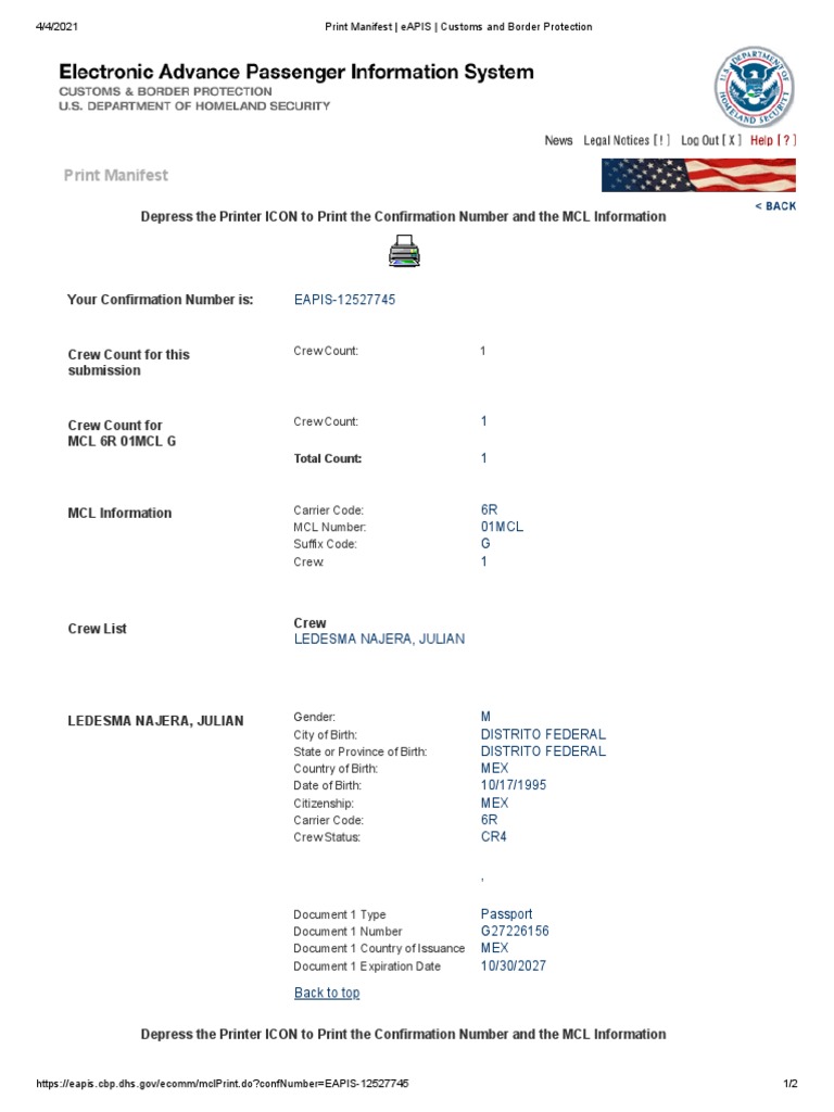 eAPIS Manifest Confirmation Details | PDF | Nationality Law ...