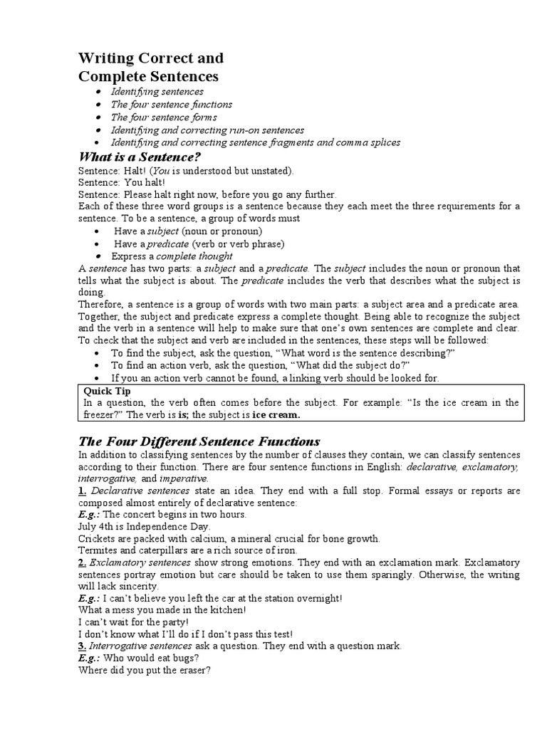 Writing Complete Sentences Guide | PDF | Sentence (Linguistics ...