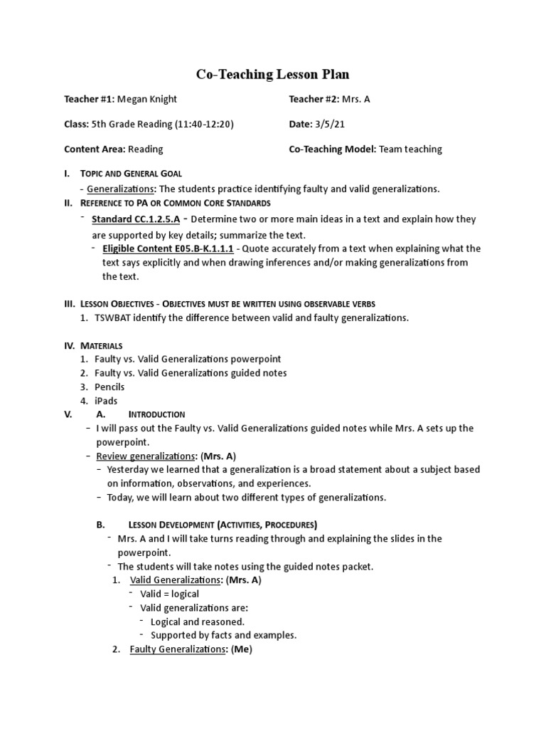 Co-Teaching Reading 3 5 | PDF | Lesson Plan | Human Nature