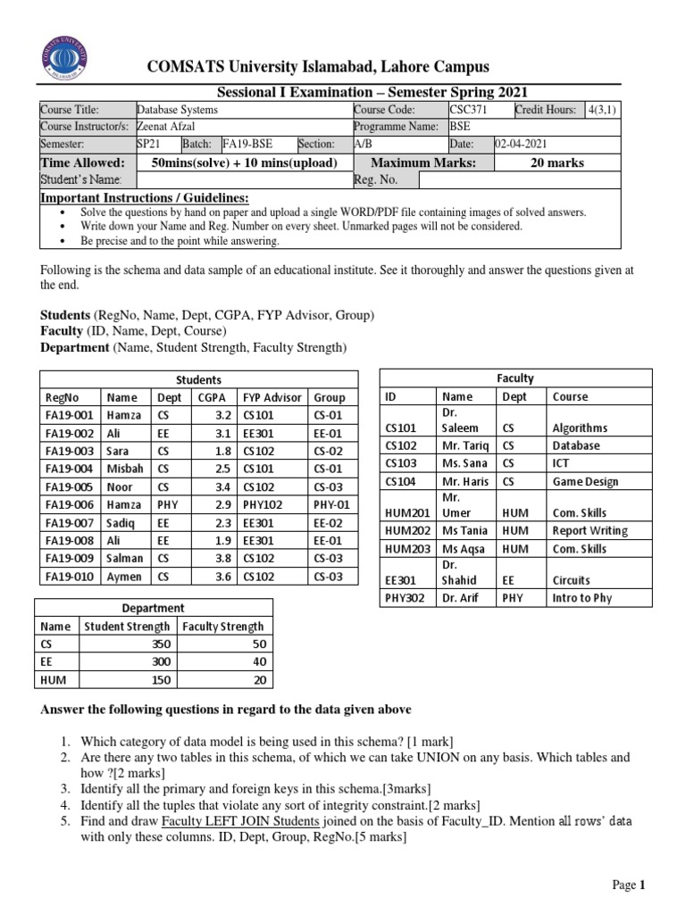 COMSATS University Islamabad, Lahore Campus: Sessional I Examination ...