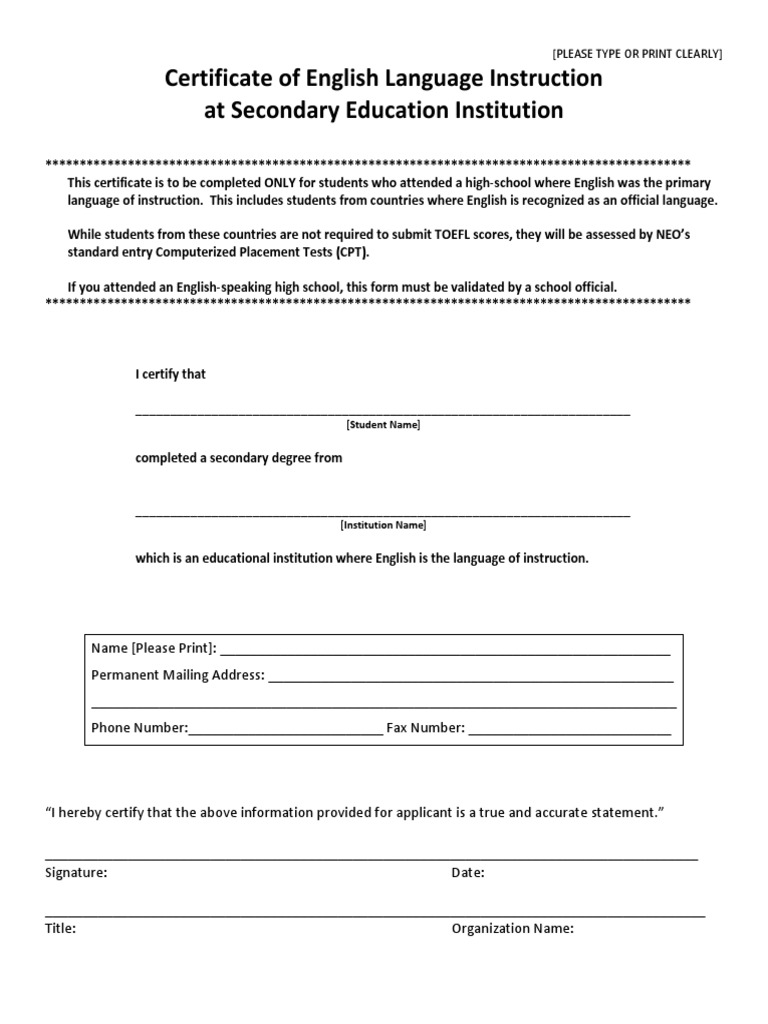 Certificate of English Language Instruction at Secondary Education ...
