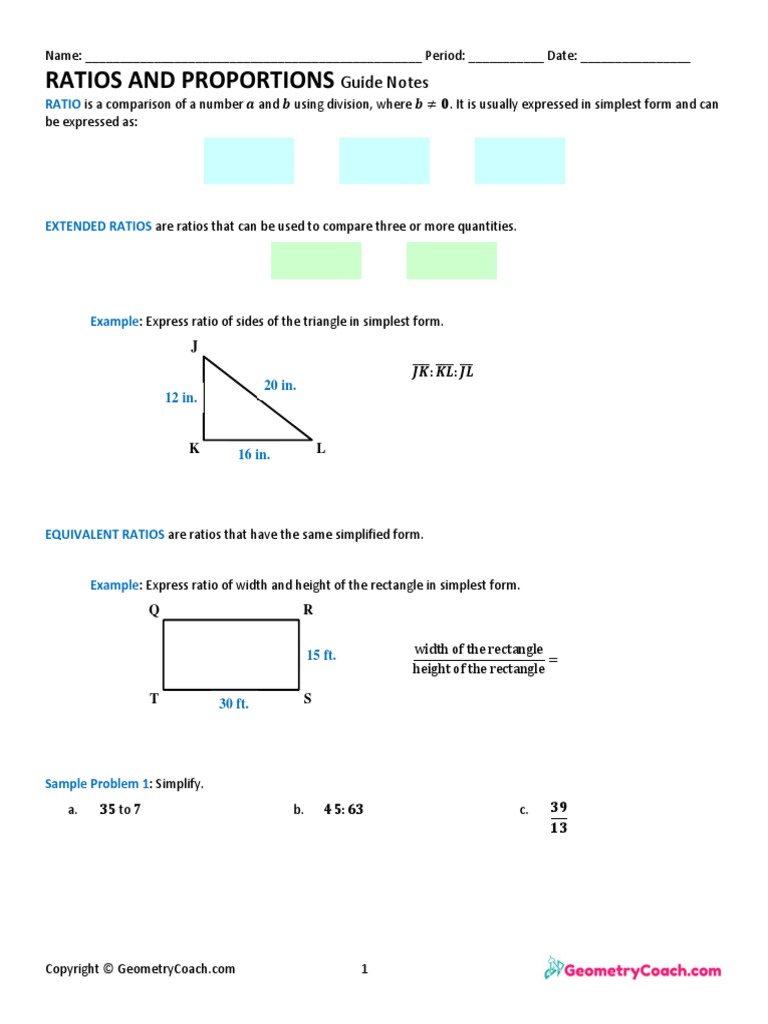 7 1 Guide Notes SE Ratios and Proportions | PDF | Ratio | Geometry