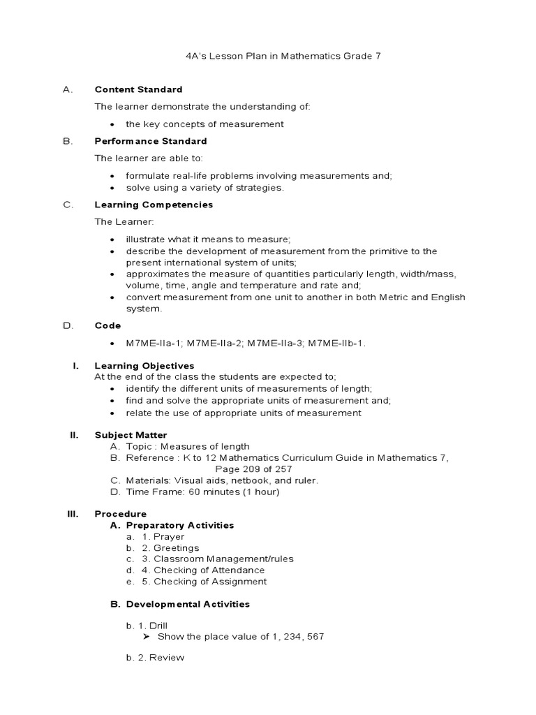 Grade 7 Measurement Lesson Plan | PDF | Measurement | Kilogram
