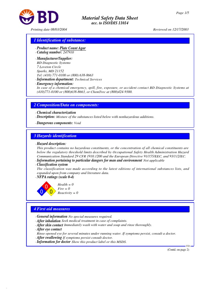 Material Safety Data Sheet: 1 Identification of Substance | PDF ...