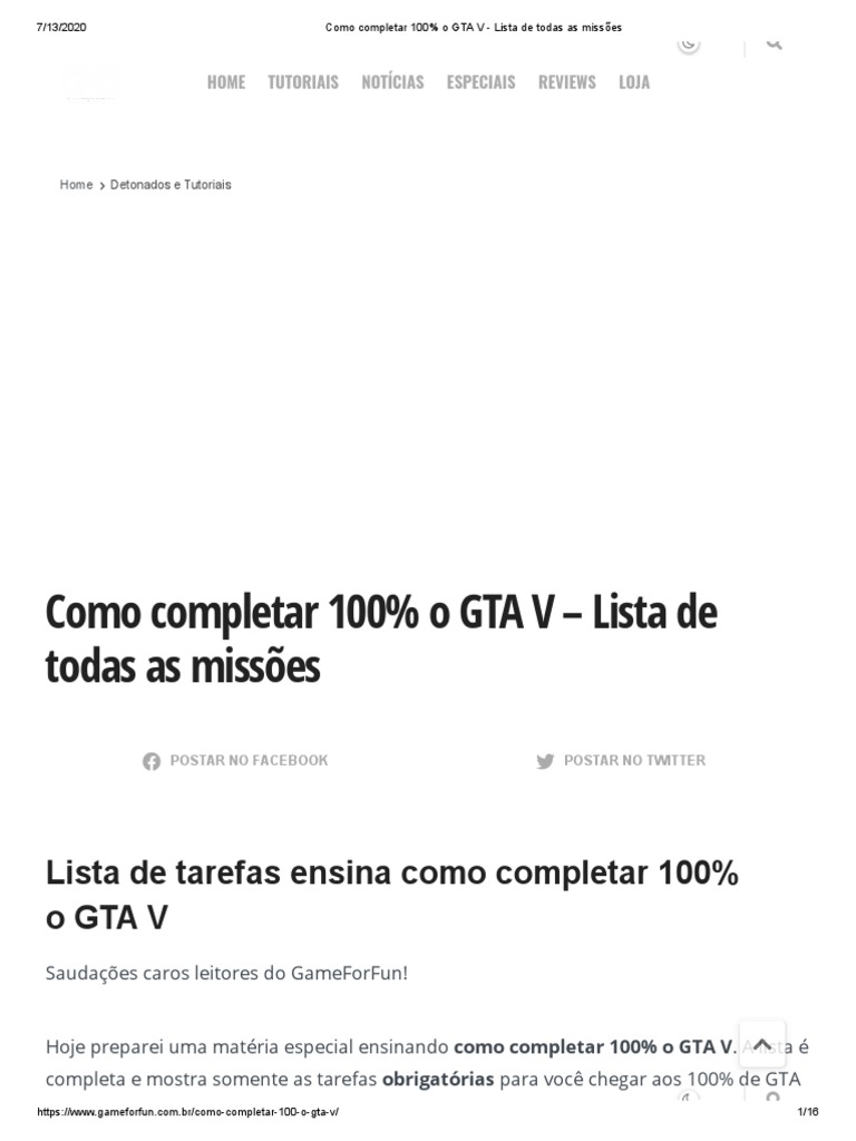 Como Completar 100% o GTA V - Lista de Todas As Missões | PDF | Lazer