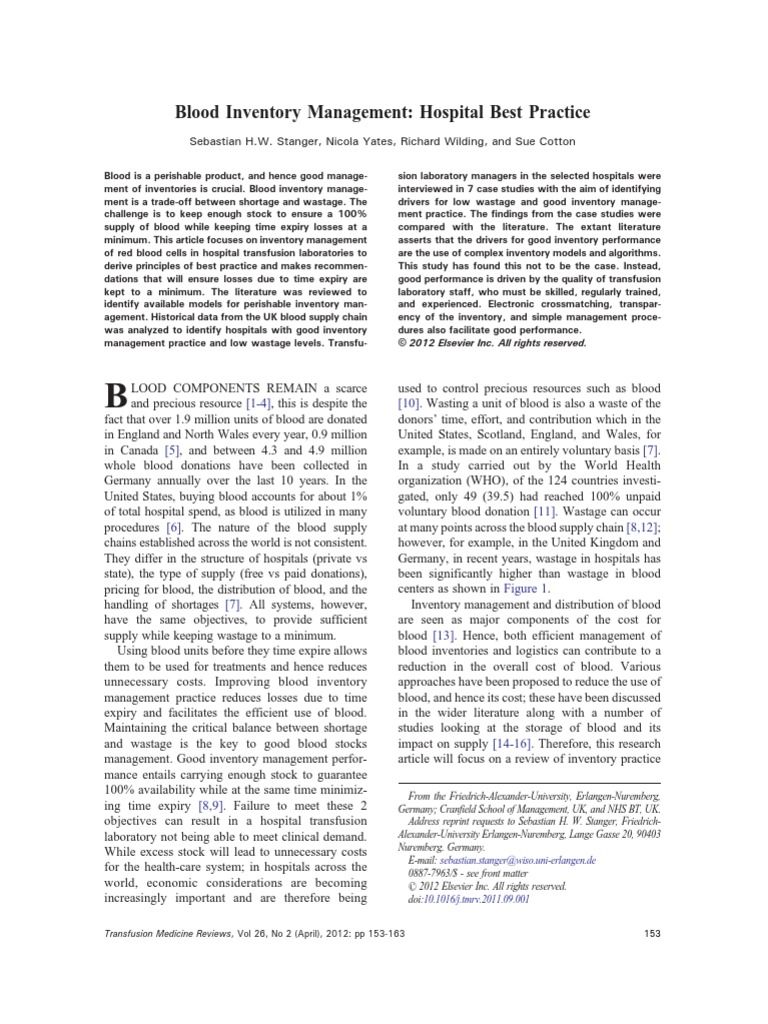 Blood Inventory Management: Hospital Best Practice: Sebastian H.W ...