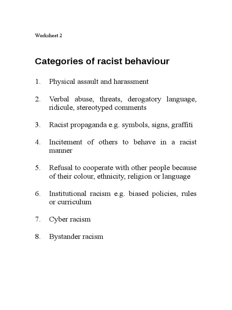 Categories of Racist Behaviour: Worksheet 2 | PDF