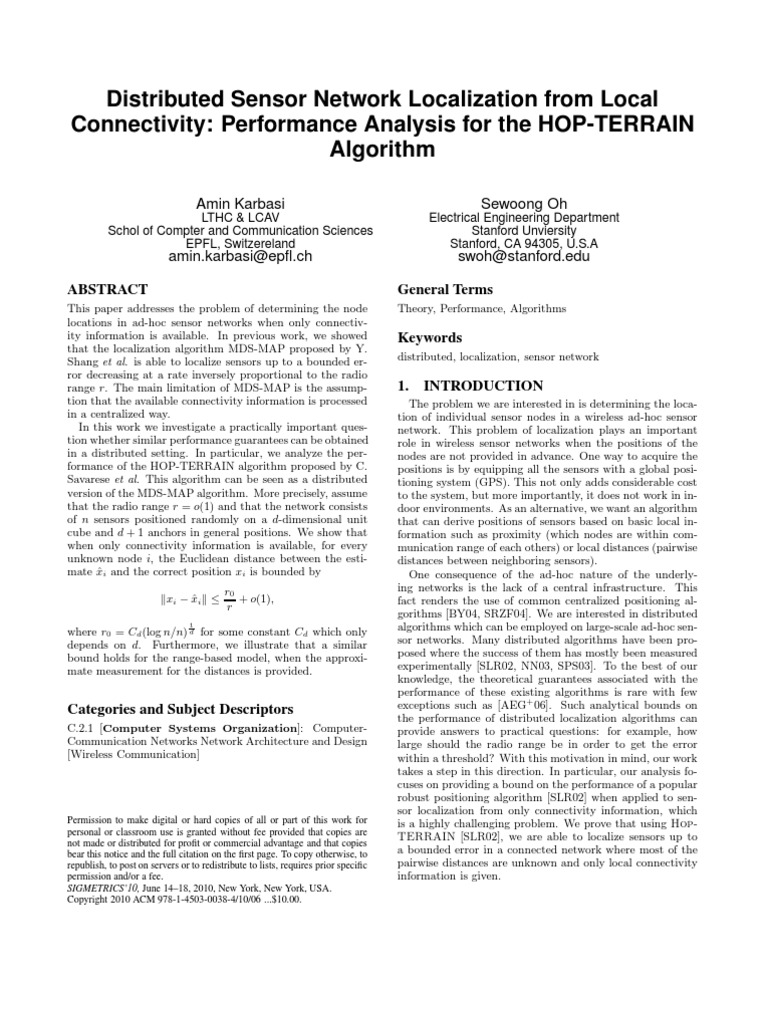 Distributed Sensor Network Localization From Local Connectivity: Performance Analysis For The ...