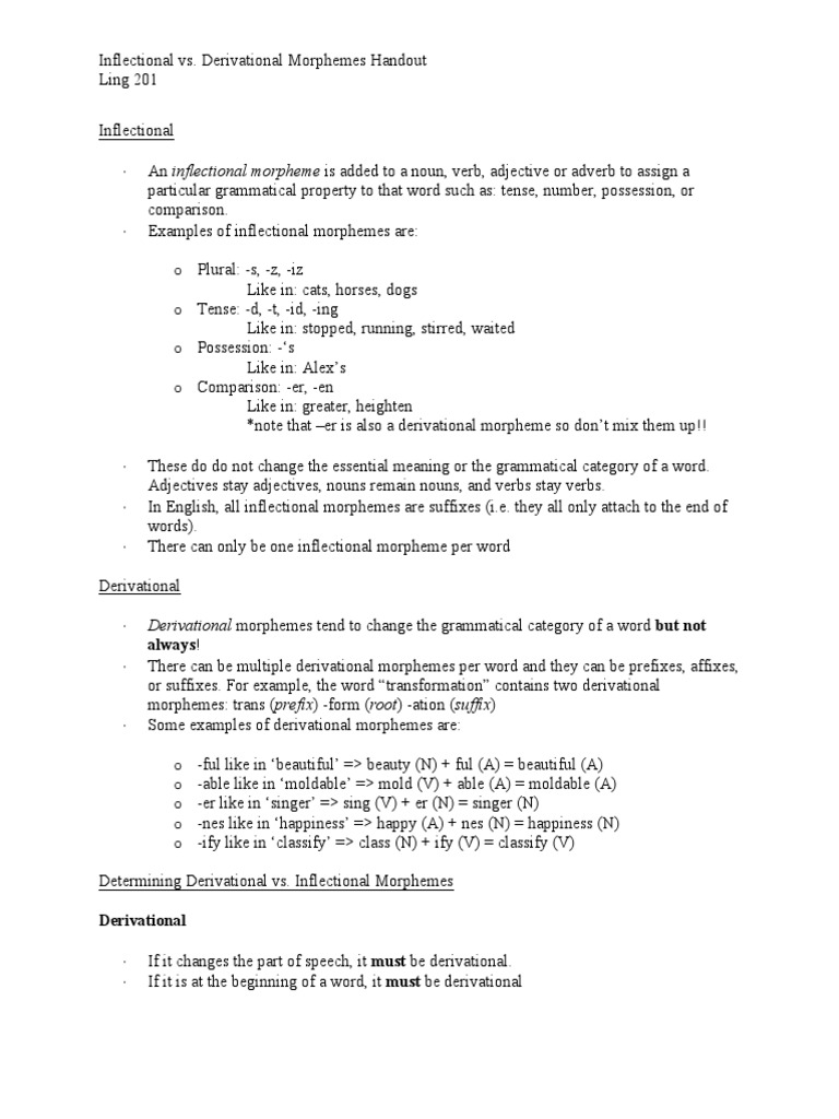 Inflectional vs. Derivational Morphemes | PDF | Word | Syntactic Relationships