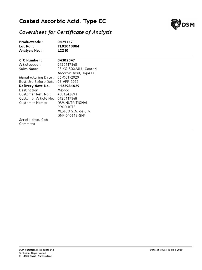 Coated Ascorbic Acid. Type EC: Coversheet For Certificate of Analysis | PDF | Regulatory ...