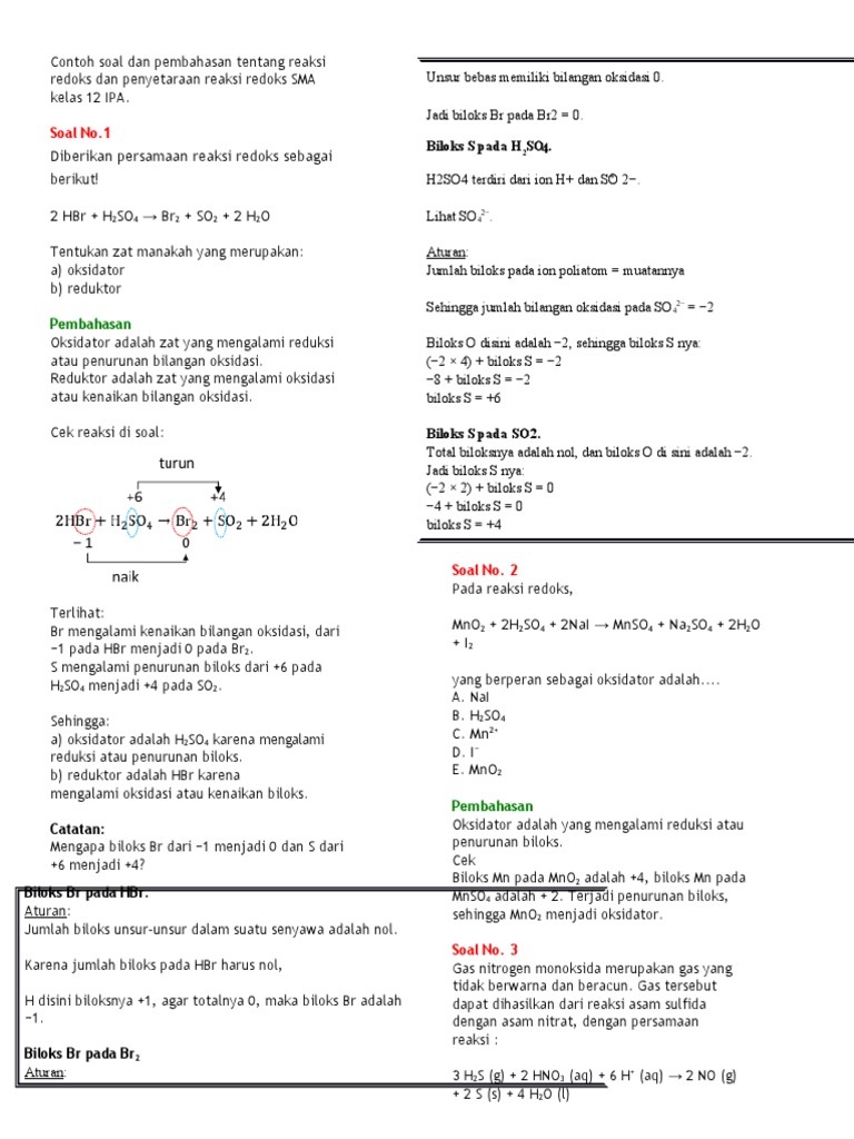 Contoh Soal Dan Pembahasan Tentang Reaksi Redoks Sma Kelas | PDF