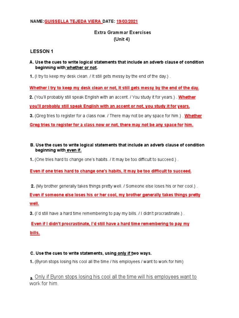 Guissella Paola Tejeda Viera - Extra Grammar Exercises - Unit 4 | PDF