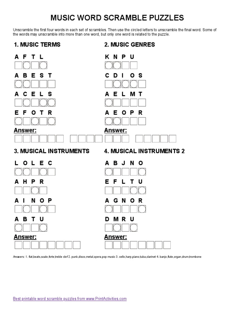 Music Word Scramble Puzzles | PDF | Art