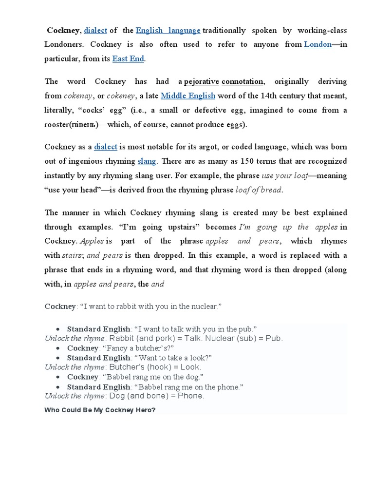 Cockney,: Dialect English Language London East End | PDF