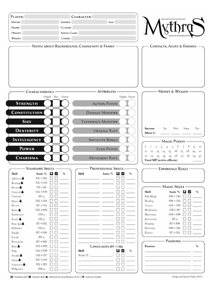 Mythras Character Sheet Form Fillable | PDF | Leisure | Sports
