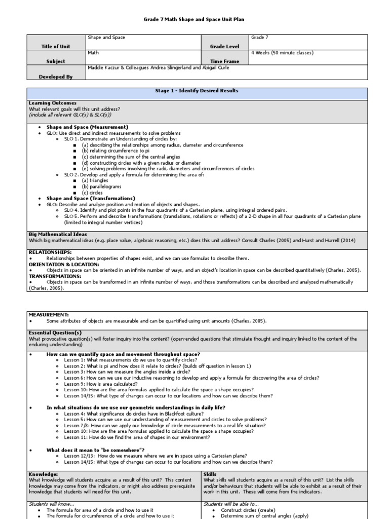 Math 7 Unit Plan | PDF | Area | Cartesian Coordinate System