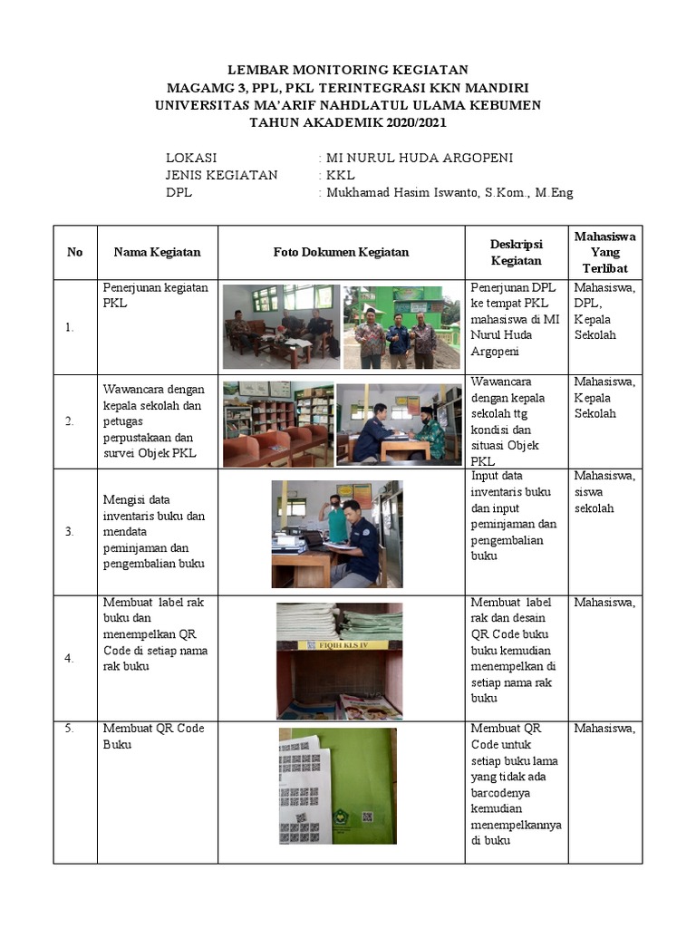 Lembar Monitoring Kegiatan PKL 2020/2021 | PDF