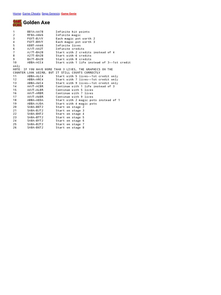 Sega Genesis (Game Genie) Codes - Golden Axe | PDF