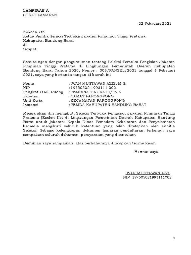 Form Seleksi Pengisian JPTP KBB 202102 | PDF