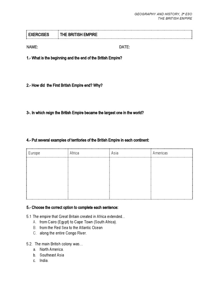 Name: Date:: Geography and History, 2º Eso The British Empire | PDF ...