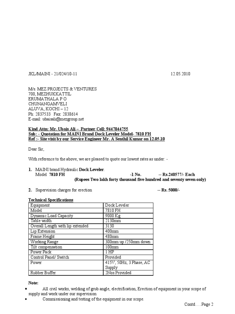 Quotation for MAINI Dock Leveler Model 7810 FH | PDF | Taxes | Business