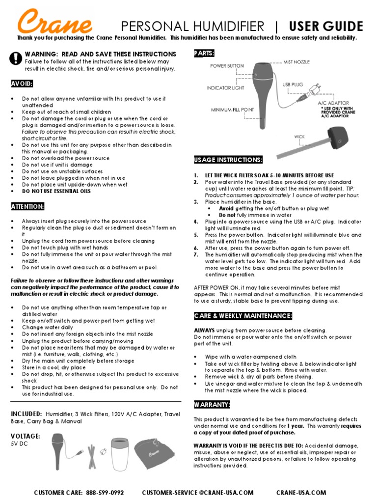 Personal Humidifier - User Guide: Warning: Read and Save These ...
