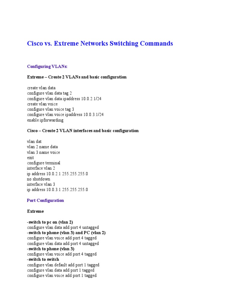 Cisco vs. Extreme Networks Switching Commands: Configuring Vlans | PDF