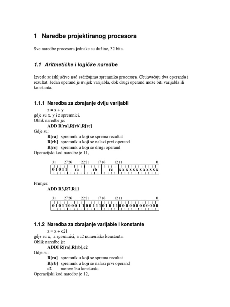 Naredbe Projektiranog Procesora | PDF