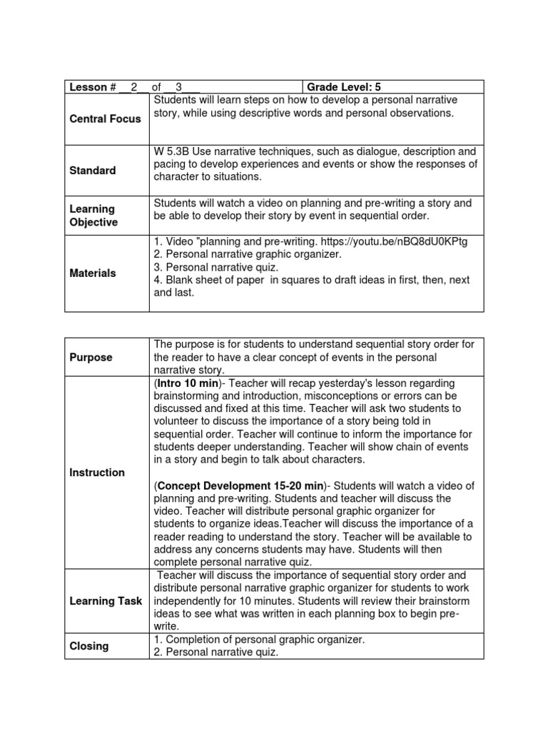 Personal Narrative Writing Guide for 5th Grade | PDF | Narrative ...