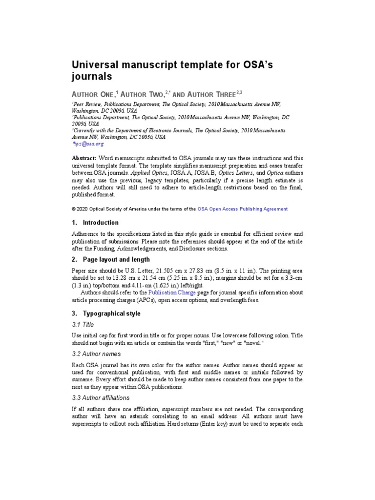 Universal Manuscript Template For OSA's Journals: A O, A T, A T | PDF ...