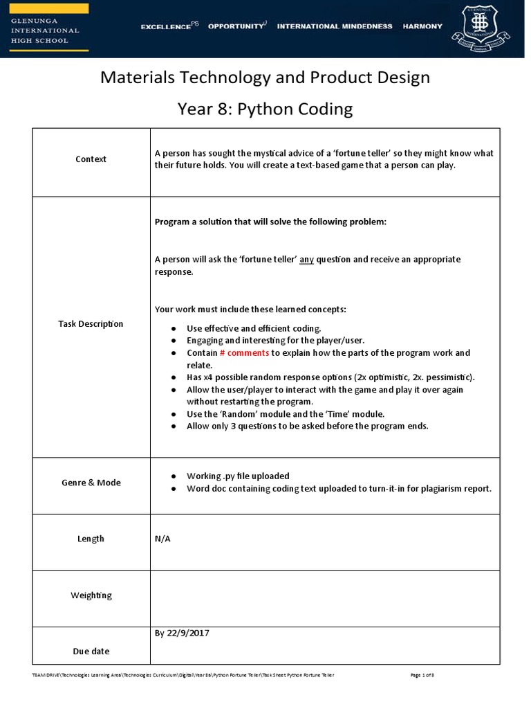 Task Sheet Python Fortune Teller Pdf Rubric Academic Control Flow 