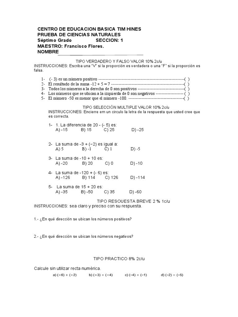 Examen de Matemáticas 7mo Grado | PDF