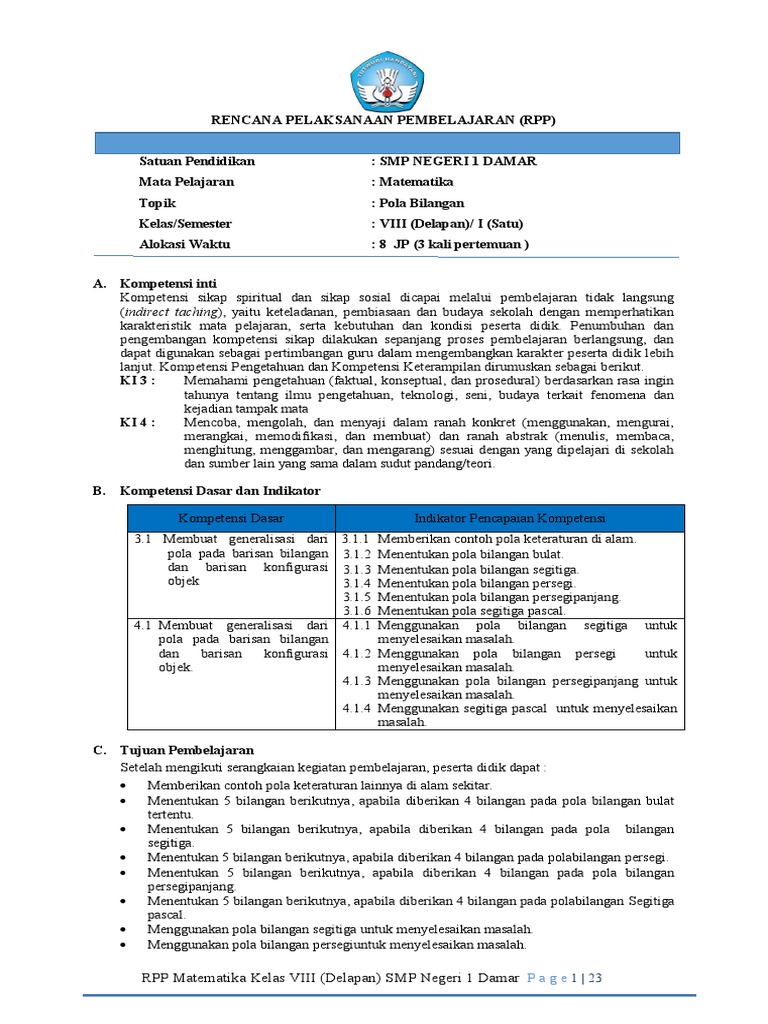 RPP Kelas Viii SMP Negeri 1 Damar Materi Pola Bilangan Semester 1 | PDF